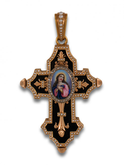 RELOJ DE FELIPE HECHT, CA.1900, EN CRUZ DE ORO AMARILLO, ÓNIX, PERLAS ...