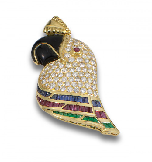 COLGANTE LORO EN ORO CON DIAMANTES, ZAFIROS, RUBÍES, ESMERALDAS Y ÓNIX