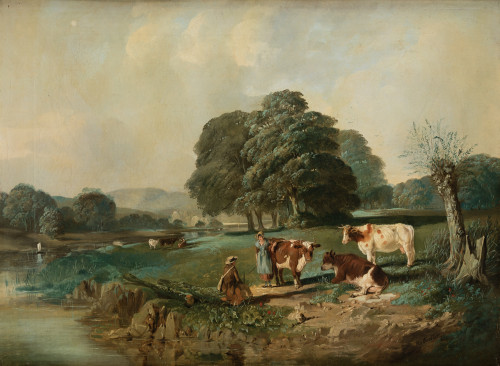 HENRY CHARLES WOOLLETT, Paisaje con vacas y campesinos, 1853, Óleo ...