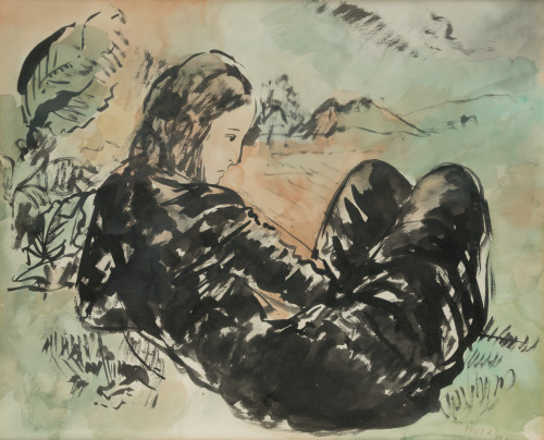 PEDRO PRUNA, Figura en un paisaje, 1973, Técnica mixta sobre papel