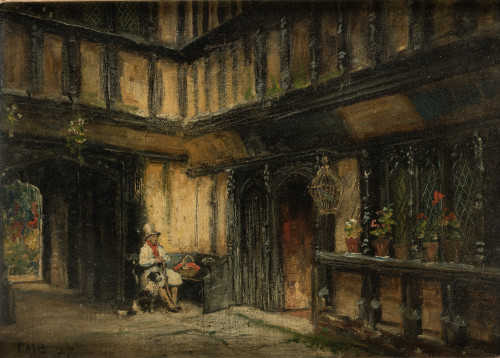 FRANK MOSS BENNETT, Personaje con perro en galería, 1927, Óleo sobre tabla