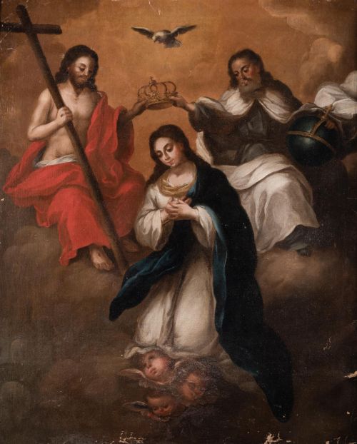 SPANISH SCHOOL (19TH CENTURY) "Coronation of the Virgin by the Holy ...