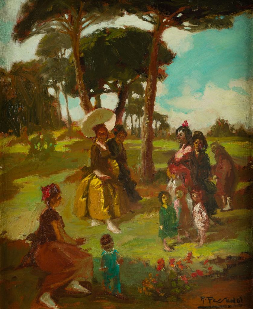 BALDOMERO ROMERO RESSENDI, Majas y niños en el parque, Óleo sobre lienzo