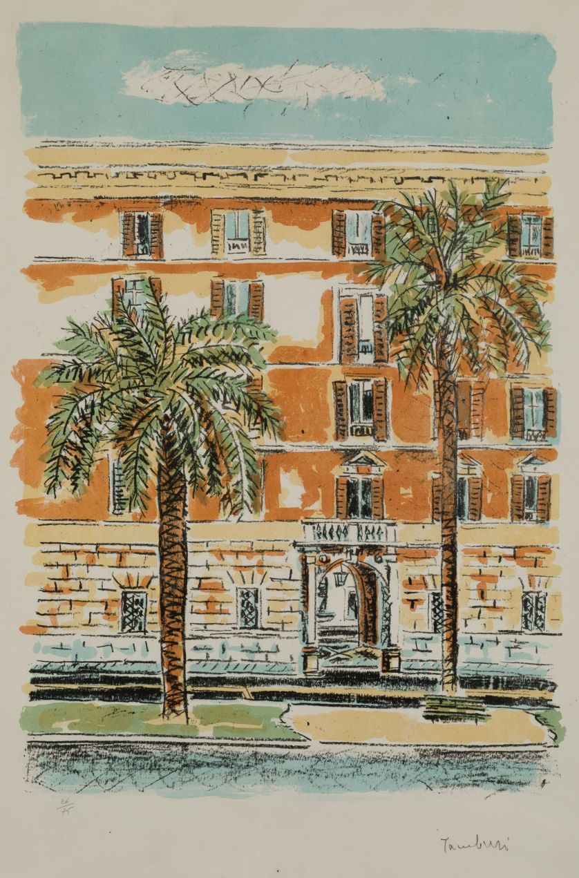 ORFEO TAMBURI, Fachada con palmeras, Litografía sobre papel